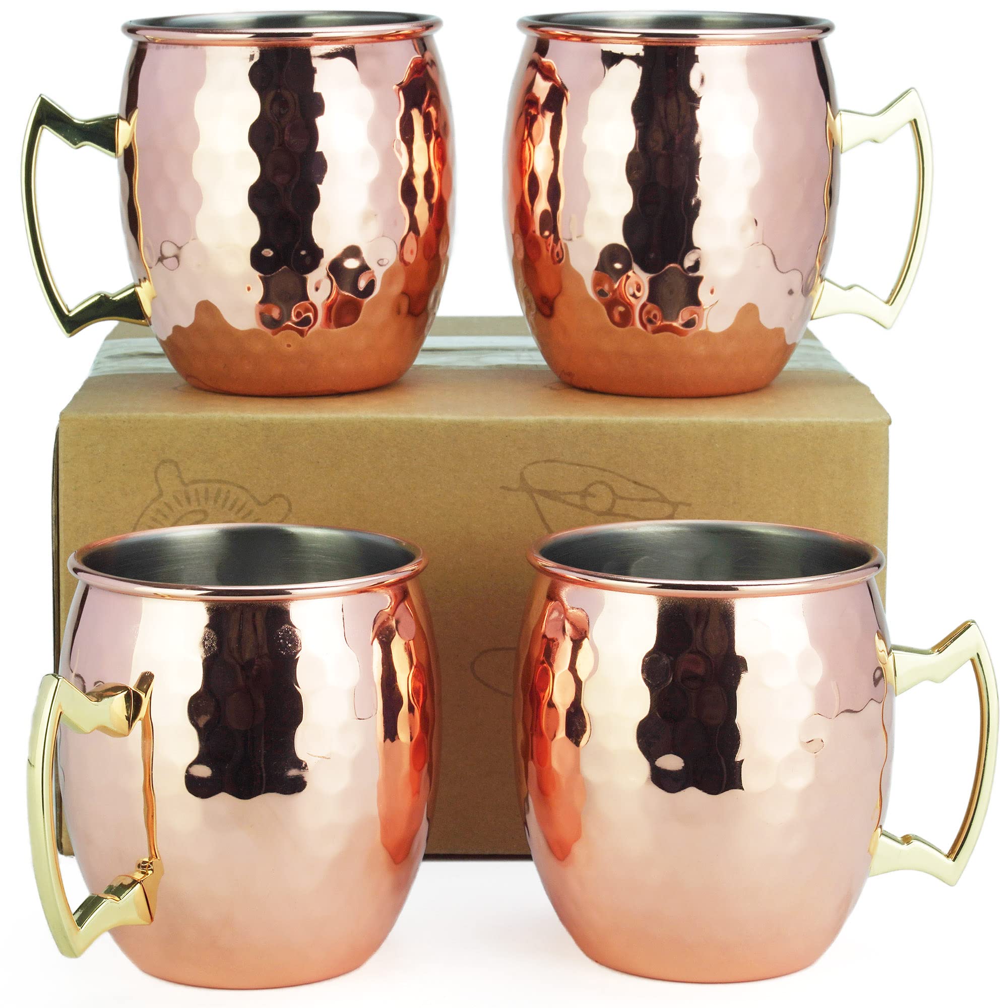 PG Moscow Mule Mugs | Large Size 19 ounces | Set of 4 Cups | Stainless Steel Lining With Honeycomb Pattern Finish | Pure Copper Plating | Gold Brass Handles | 3.7 inches Diameter x 4 inches Tall