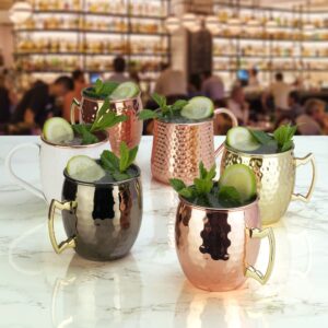 PG Moscow Mule Mugs | Large Size 19 ounces | Set of 4 Cups | Stainless Steel Lining With Honeycomb Pattern Finish | Pure Copper Plating | Gold Brass Handles | 3.7 inches Diameter x 4 inches Tall