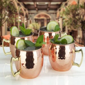 PG Moscow Mule Mugs | Large Size 19 ounces | Set of 4 Cups | Stainless Steel Lining With Honeycomb Pattern Finish | Pure Copper Plating | Gold Brass Handles | 3.7 inches Diameter x 4 inches Tall