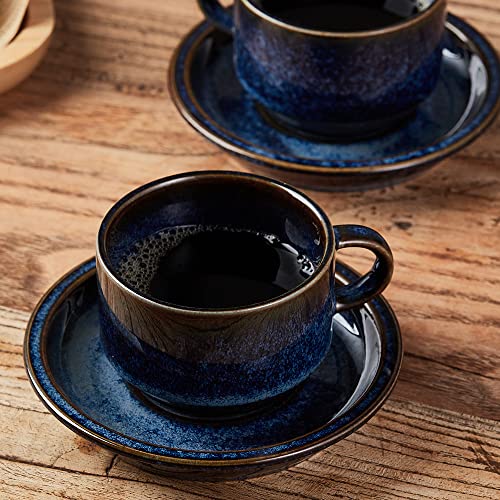 JIEMEI HOME Porcelain Stackable Espresso Cups with Saucers and Metal Stand,4 Ounce Demitasse Cups for Coffee Drinks, Latte, Tea - Set of 6, Stackable Espresso Mugs, Reactive Glaze, Bule