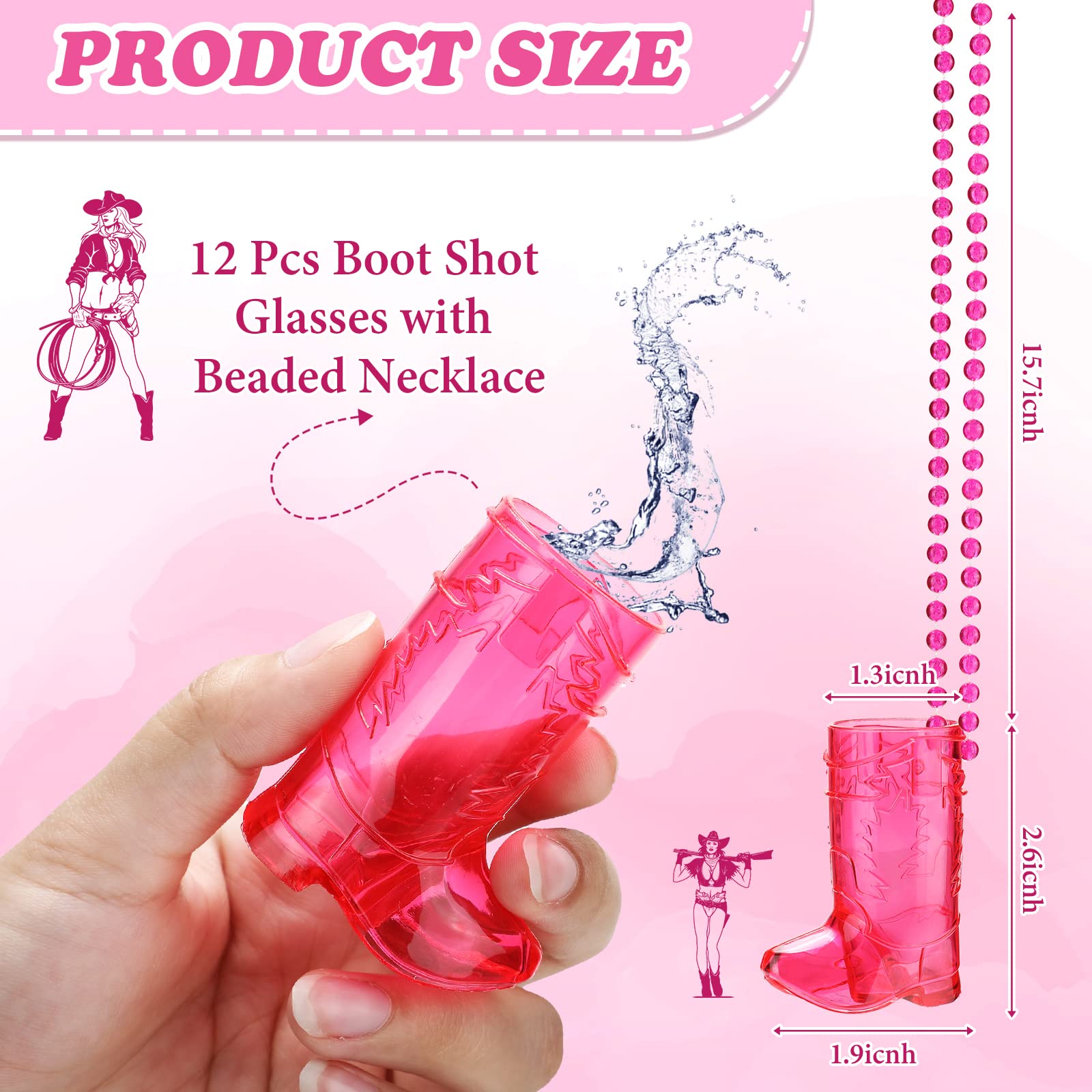 Sieral Boot Shot Glasses on Beaded Necklace Plastic Cowgirl Shot Glass Cup Necklace Bride and Groom Supply for Bachelorette Carnival Party Birthday Wedding Supply(Transparent Rose, 12 Pcs)