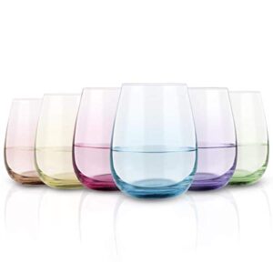 colored stemless wine glass set of 6, vibrant splash wine glasses with colored bottom for women men friends sister, good gift idea for festival wedding birthday party, 15 oz