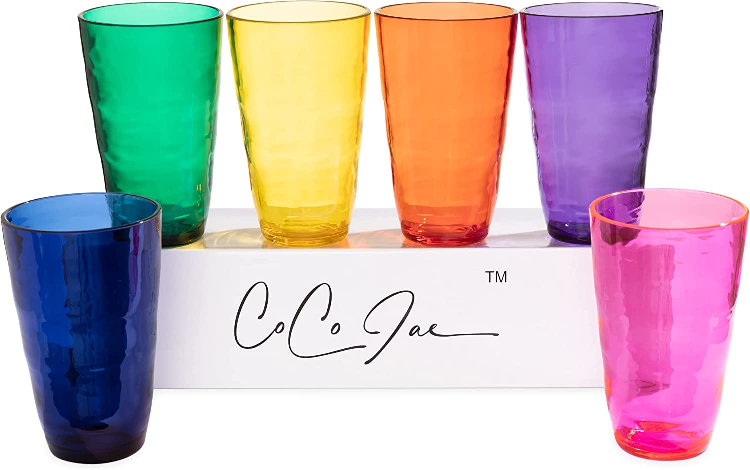 CoCoJae Premium Shatterproof Drinking Glasses - Stackable & Reusable 20 oz Drinking Plastic Cups - Dishwasher Safe, BPA Free Acrylic Drinking Cups - Colorful Plastic Drinking Glasses - Set of 6