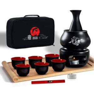 japanese sake set with warmer | 11 pc | 6 sake cups only | non electric sake warmer | sake bottle | candles | lighter | bamboo sake flight tray for sake cup set | bomb gift kit for chinese sake set