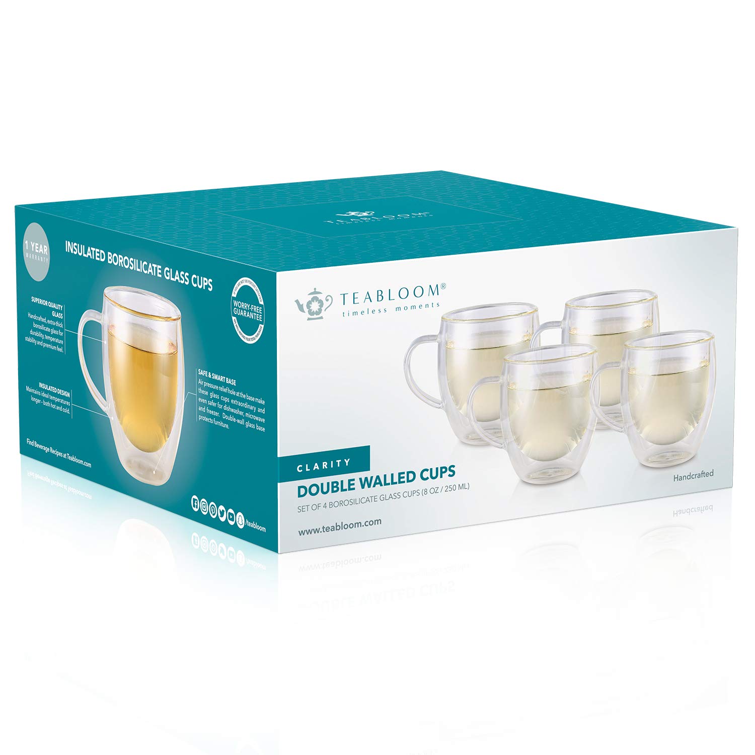 Teabloom Double Walled Cups – 8 oz / 250 ml – Set of 4 Insulated Glass Cups for Tea, Coffee, Espresso, and More – Clarity Glasses