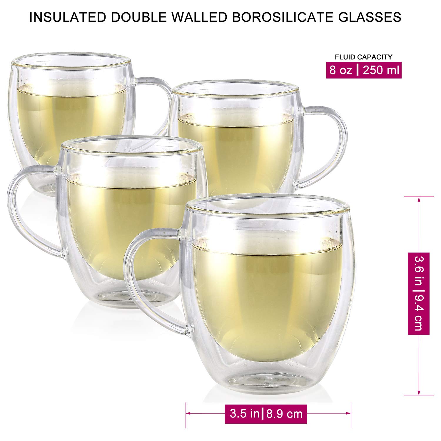 Teabloom Double Walled Cups – 8 oz / 250 ml – Set of 4 Insulated Glass Cups for Tea, Coffee, Espresso, and More – Clarity Glasses