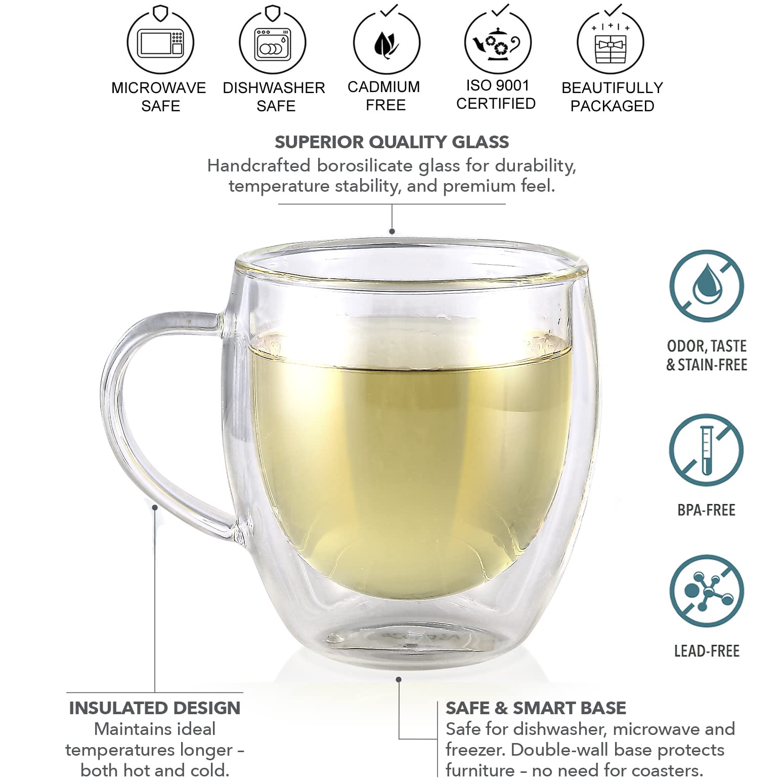 Teabloom Double Walled Cups – 8 oz / 250 ml – Set of 4 Insulated Glass Cups for Tea, Coffee, Espresso, and More – Clarity Glasses