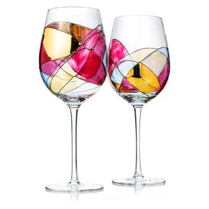 artisanal hand painted renaissance romantic stain-glassed windows wine glasses - 2 set - gift idea her, him, birthday, housewarming - extra large goblets 29oz, glassware gifts ideas for women, stemmed