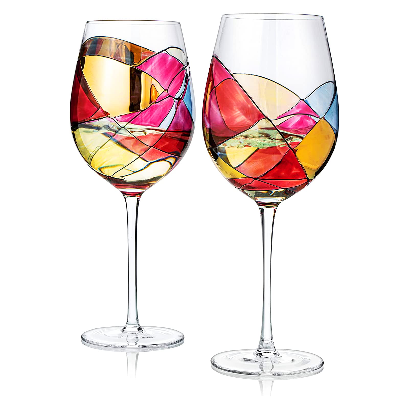 Artisanal Hand Painted Renaissance Romantic Stain-glassed Windows Wine Glasses - 2 Set - Gift Idea Her, Him, Birthday, Housewarming - Extra Large Goblets 29OZ, Glassware Gifts Ideas for Women, Stemmed