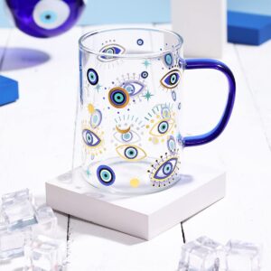 Nefelibata Evil Eye Glass Coffee Cup with Handle 16oz Glass Can for Hot/Cold Beverages Cappuccino Latte Espresso Beer Hamsa Blue Evil Eye for Protection Tumbler Mug Heat-Resistant and Freezer Safe