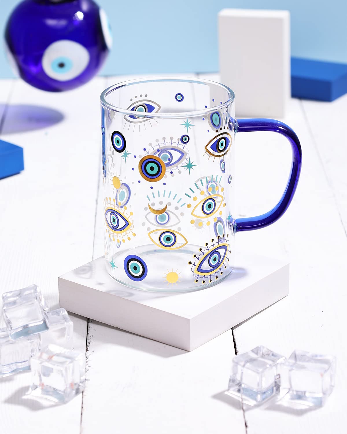 Nefelibata Evil Eye Glass Coffee Cup with Handle 16oz Glass Can for Hot/Cold Beverages Cappuccino Latte Espresso Beer Hamsa Blue Evil Eye for Protection Tumbler Mug Heat-Resistant and Freezer Safe