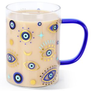 Nefelibata Evil Eye Glass Coffee Cup with Handle 16oz Glass Can for Hot/Cold Beverages Cappuccino Latte Espresso Beer Hamsa Blue Evil Eye for Protection Tumbler Mug Heat-Resistant and Freezer Safe