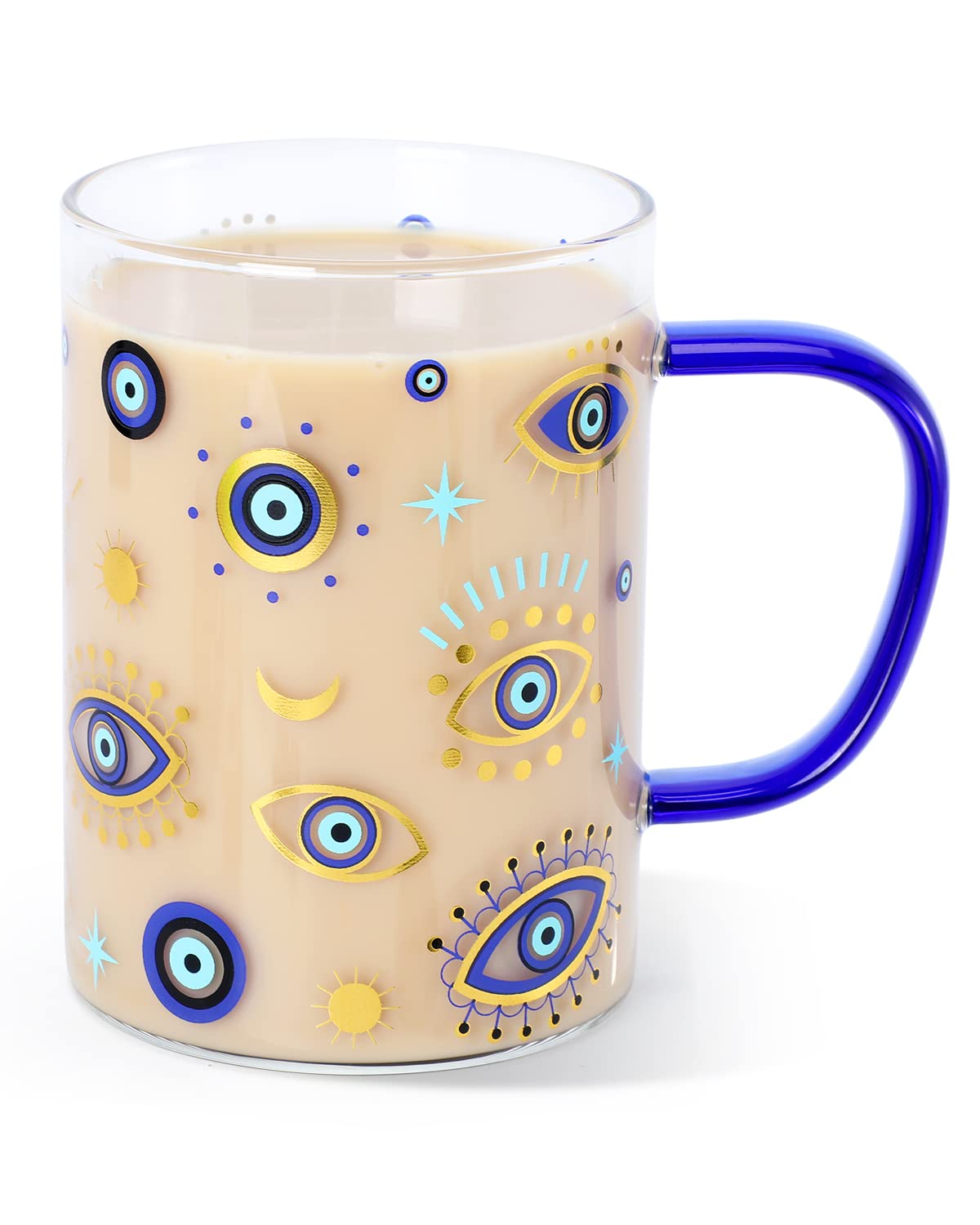 Nefelibata Evil Eye Glass Coffee Cup with Handle 16oz Glass Can for Hot/Cold Beverages Cappuccino Latte Espresso Beer Hamsa Blue Evil Eye for Protection Tumbler Mug Heat-Resistant and Freezer Safe