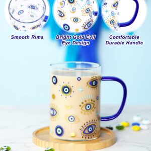 Nefelibata Evil Eye Glass Coffee Cup with Handle 16oz Glass Can for Hot/Cold Beverages Cappuccino Latte Espresso Beer Hamsa Blue Evil Eye for Protection Tumbler Mug Heat-Resistant and Freezer Safe