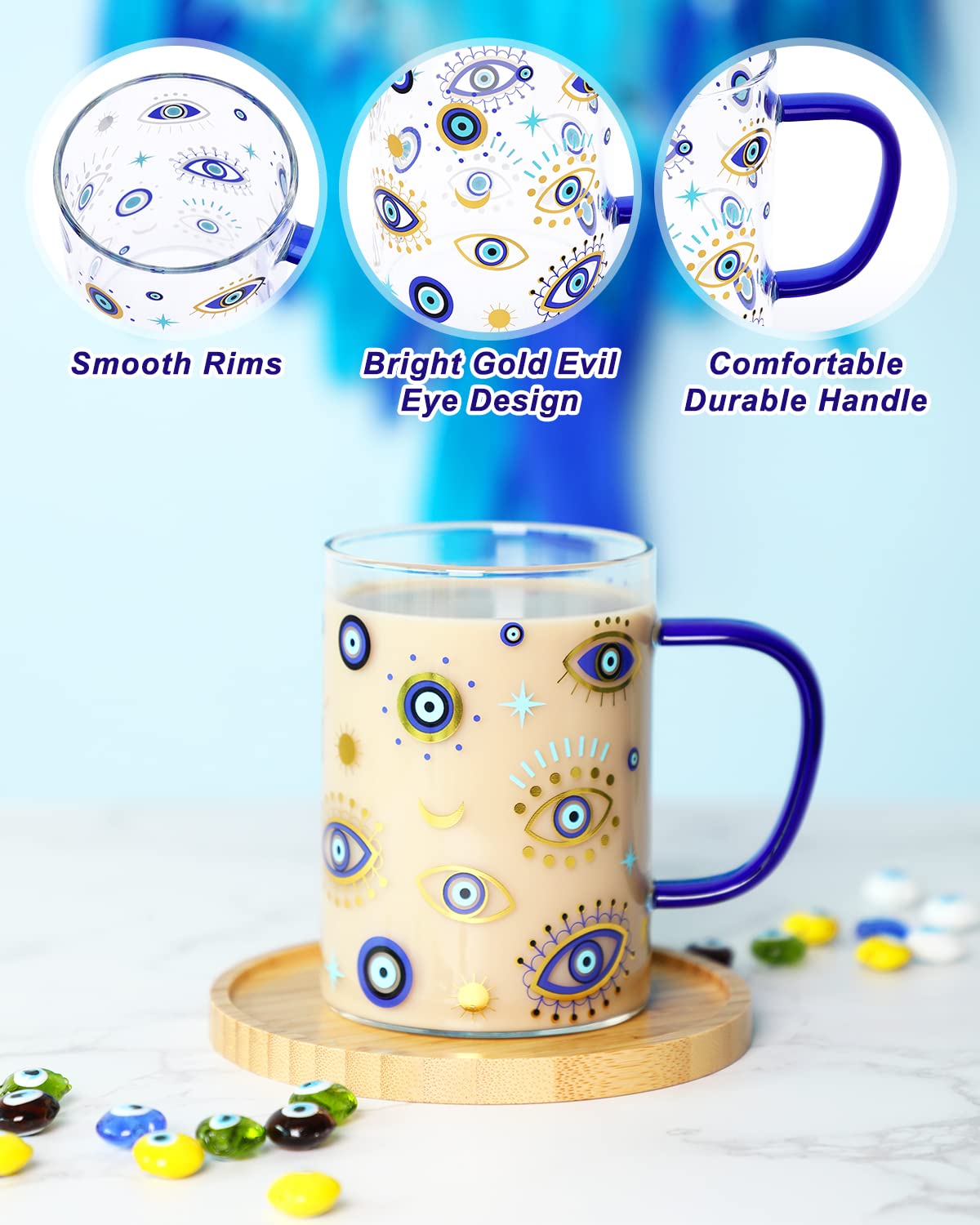 Nefelibata Evil Eye Glass Coffee Cup with Handle 16oz Glass Can for Hot/Cold Beverages Cappuccino Latte Espresso Beer Hamsa Blue Evil Eye for Protection Tumbler Mug Heat-Resistant and Freezer Safe