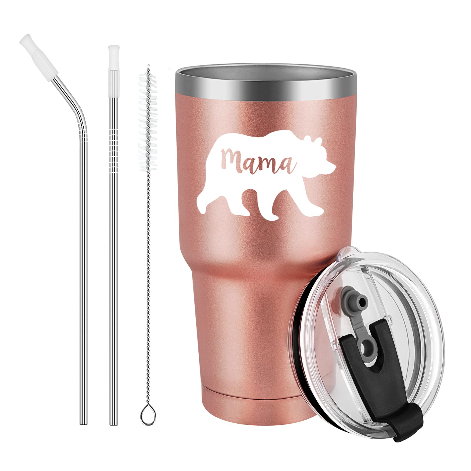 GINGPROUS Mama Bear Travel Tumbler, Mother's Day Birthday Christmas Gifts for Best Mom Mother New Mom Mom to Be Mama, Stainless Steel Insulated Travel Tumbler with Lid and Straw(30 Oz, Rose Gold)