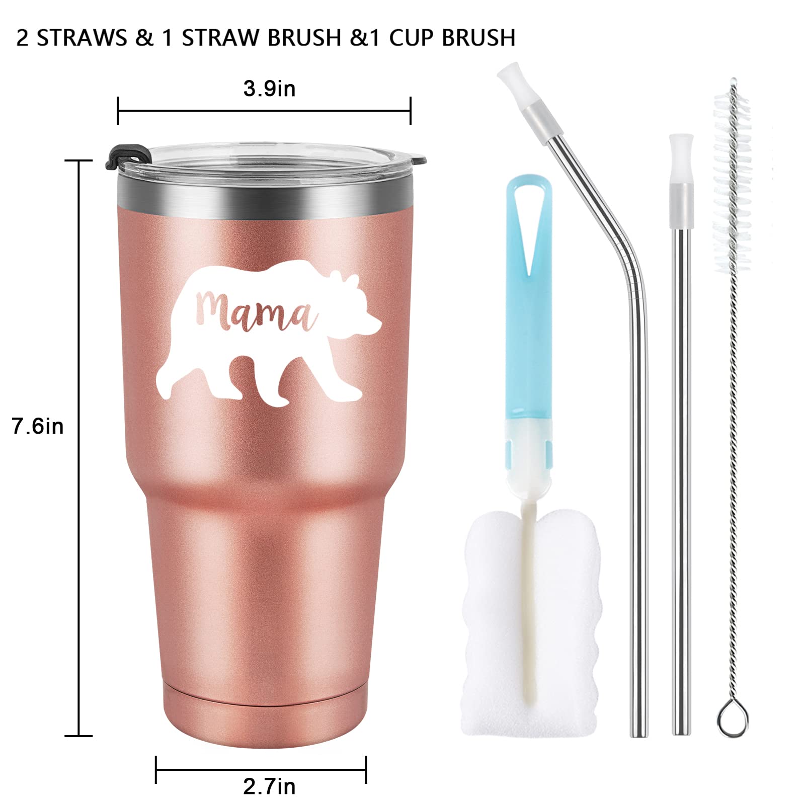 GINGPROUS Mama Bear Travel Tumbler, Mother's Day Birthday Christmas Gifts for Best Mom Mother New Mom Mom to Be Mama, Stainless Steel Insulated Travel Tumbler with Lid and Straw(30 Oz, Rose Gold)