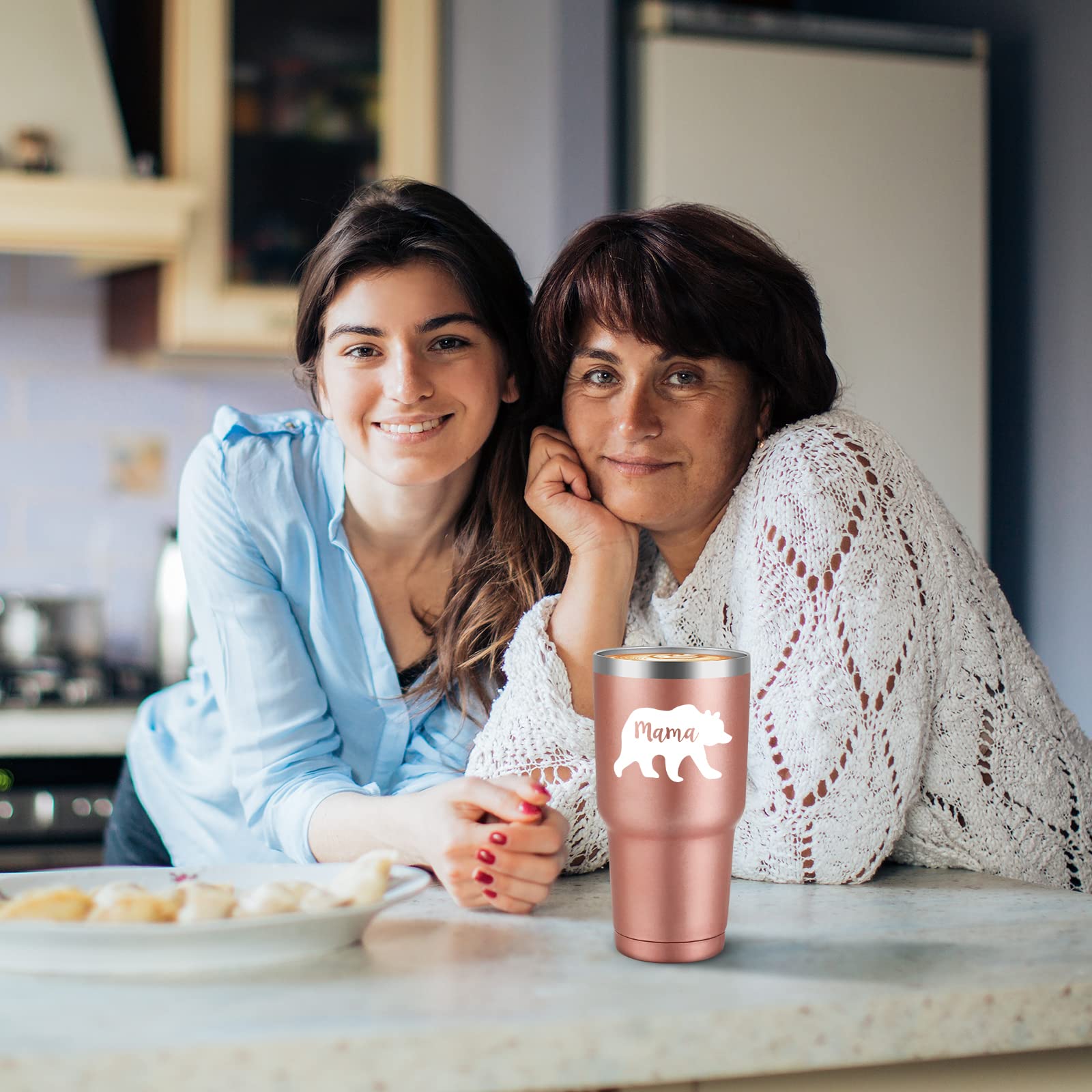 GINGPROUS Mama Bear Travel Tumbler, Mother's Day Birthday Christmas Gifts for Best Mom Mother New Mom Mom to Be Mama, Stainless Steel Insulated Travel Tumbler with Lid and Straw(30 Oz, Rose Gold)