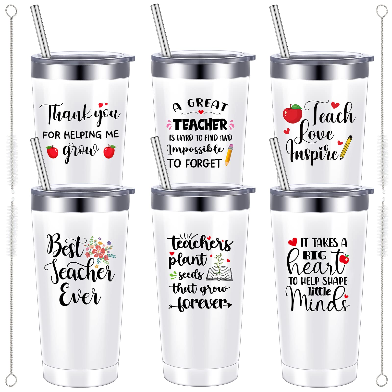 Sumind 6 Pcs Teacher Appreciation Gifts Teacher Tumbler Graduation Gifts with Lid and Straw 20oz Stainless Steel Insulated Mug Thank You Teacher Gifts for Women(White)