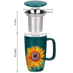 Sunddo Ceramic Tea Cup with Infuser and Lid for Loose Tea Sunflower Mug Tea Lovers Gifts for Women Green