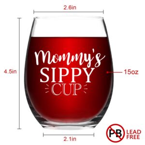 Mommy's Sippy Cup Stemless Wine Glass 15oz Funny Wine Glass, Gift Idea for Mother's Day Birthday Christmas, Wine Gifts for Mom, Women, New Mom, Pregnant Mom