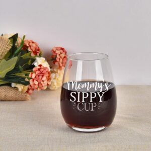 Mommy's Sippy Cup Stemless Wine Glass 15oz Funny Wine Glass, Gift Idea for Mother's Day Birthday Christmas, Wine Gifts for Mom, Women, New Mom, Pregnant Mom