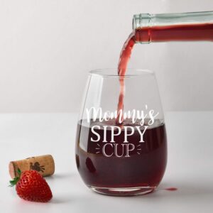 Mommy's Sippy Cup Stemless Wine Glass 15oz Funny Wine Glass, Gift Idea for Mother's Day Birthday Christmas, Wine Gifts for Mom, Women, New Mom, Pregnant Mom