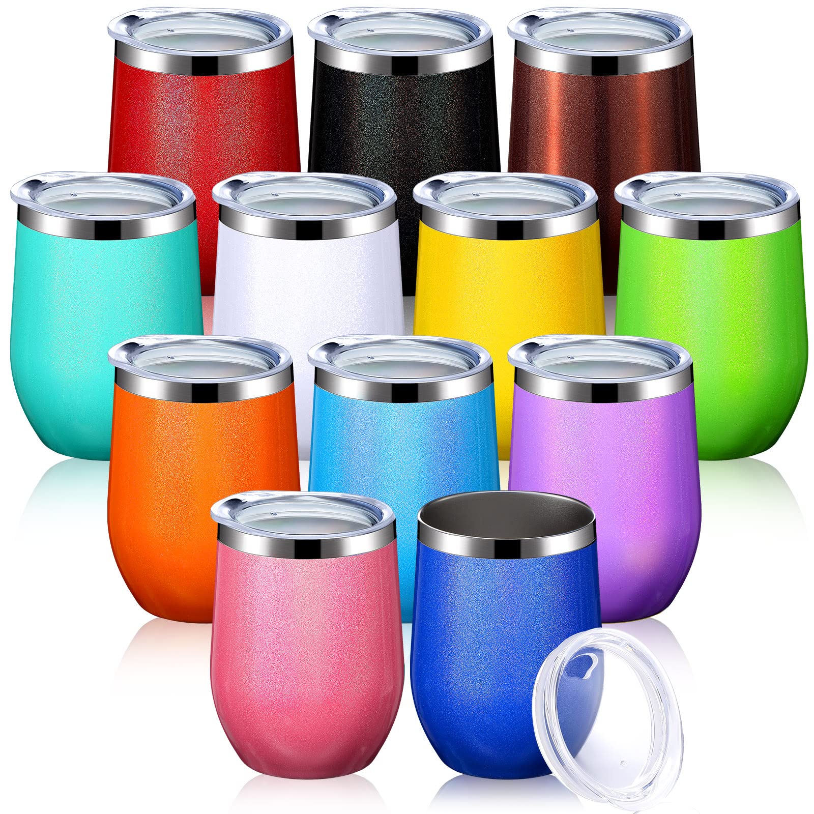 Mimorou 12 Pack 12 oz Stainless Steel Wine Tumblers with Lid Double Wall Vacuum Insulated Stemless Wine Tumbler Glitter Coffee Tumbler Travel Water Mug Bulk for Hot and Cold Drinks, 12 Colors