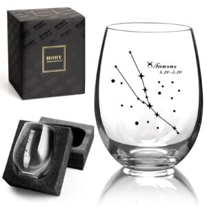 hohy taurus wine glass taurus gift for women men 20oz, taurus stemless wine glasses, constellation glass, horoscope gift, astrology gift for women men