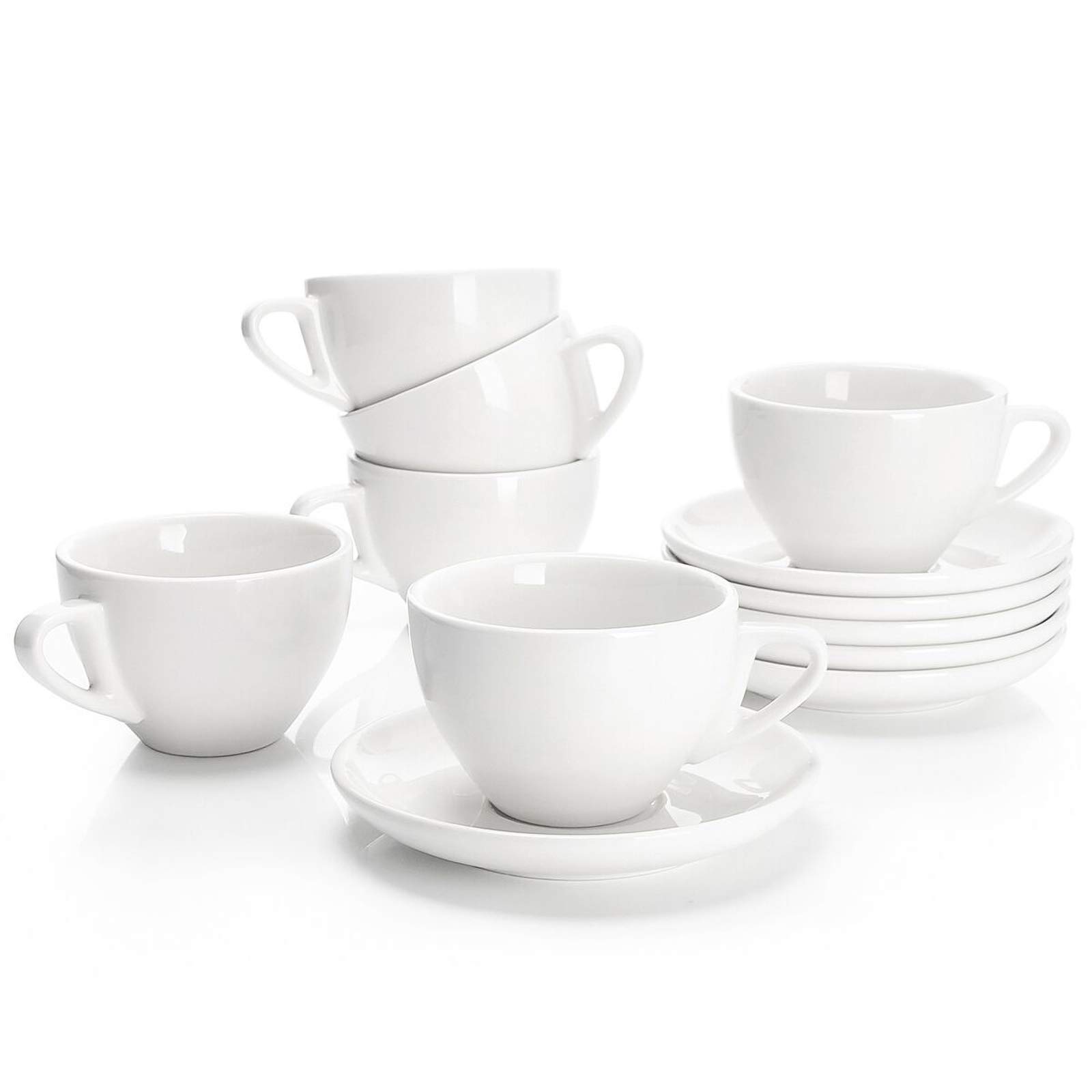 Sweese 6 Ounce Cappuccino Cups with Saucers, Porcelain Double Espresso Cups Set of 6 - White