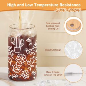 Plant Lover Iced Coffee Glasses with Bamboo Lids and Straw, Cute Cactus With Floral Drinking Beer Can Shaped Cup, Aesthetic Gardening Succulent Gifts for Plant Mom Women friend wife