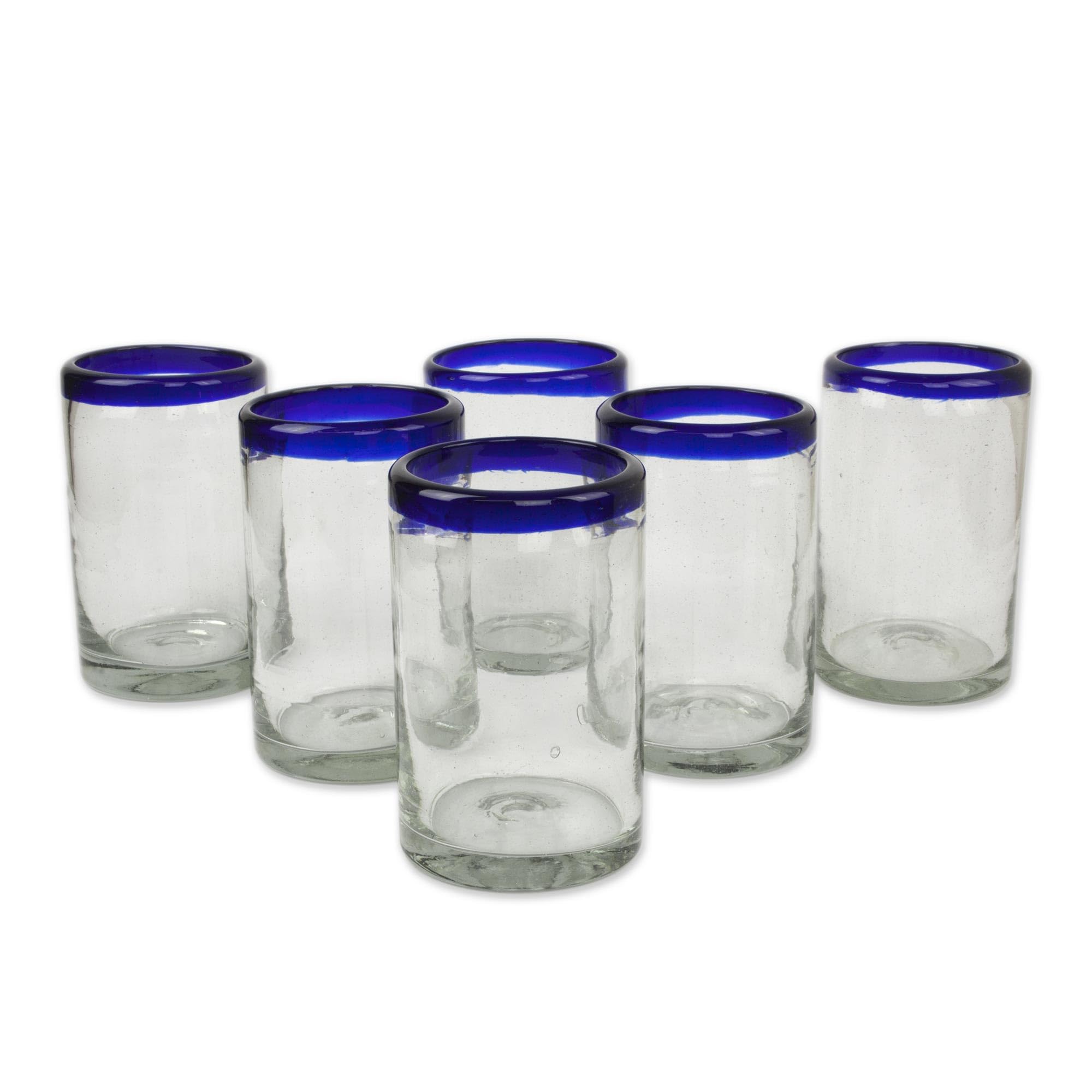 NOVICA Artisan Crafted Hand Blown Clear Cobalt Blue Rim Recycled Glass Tumblers,14 Oz. 'Classic' (Set Of 6)