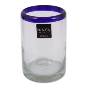 NOVICA Artisan Crafted Hand Blown Clear Cobalt Blue Rim Recycled Glass Tumblers,14 Oz. 'Classic' (Set Of 6)