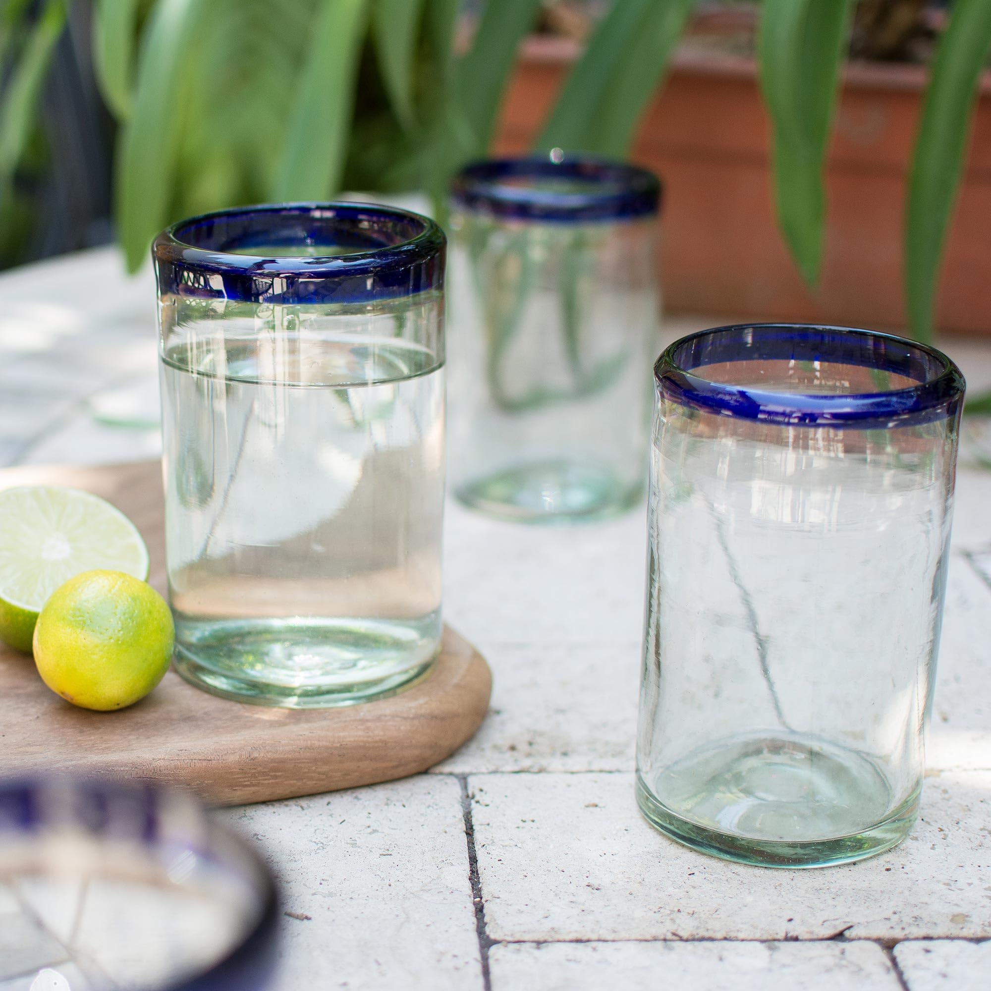 NOVICA Artisan Crafted Hand Blown Clear Cobalt Blue Rim Recycled Glass Tumblers,14 Oz. 'Classic' (Set Of 6)