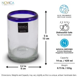 NOVICA Artisan Crafted Hand Blown Clear Cobalt Blue Rim Recycled Glass Tumblers,14 Oz. 'Classic' (Set Of 6)