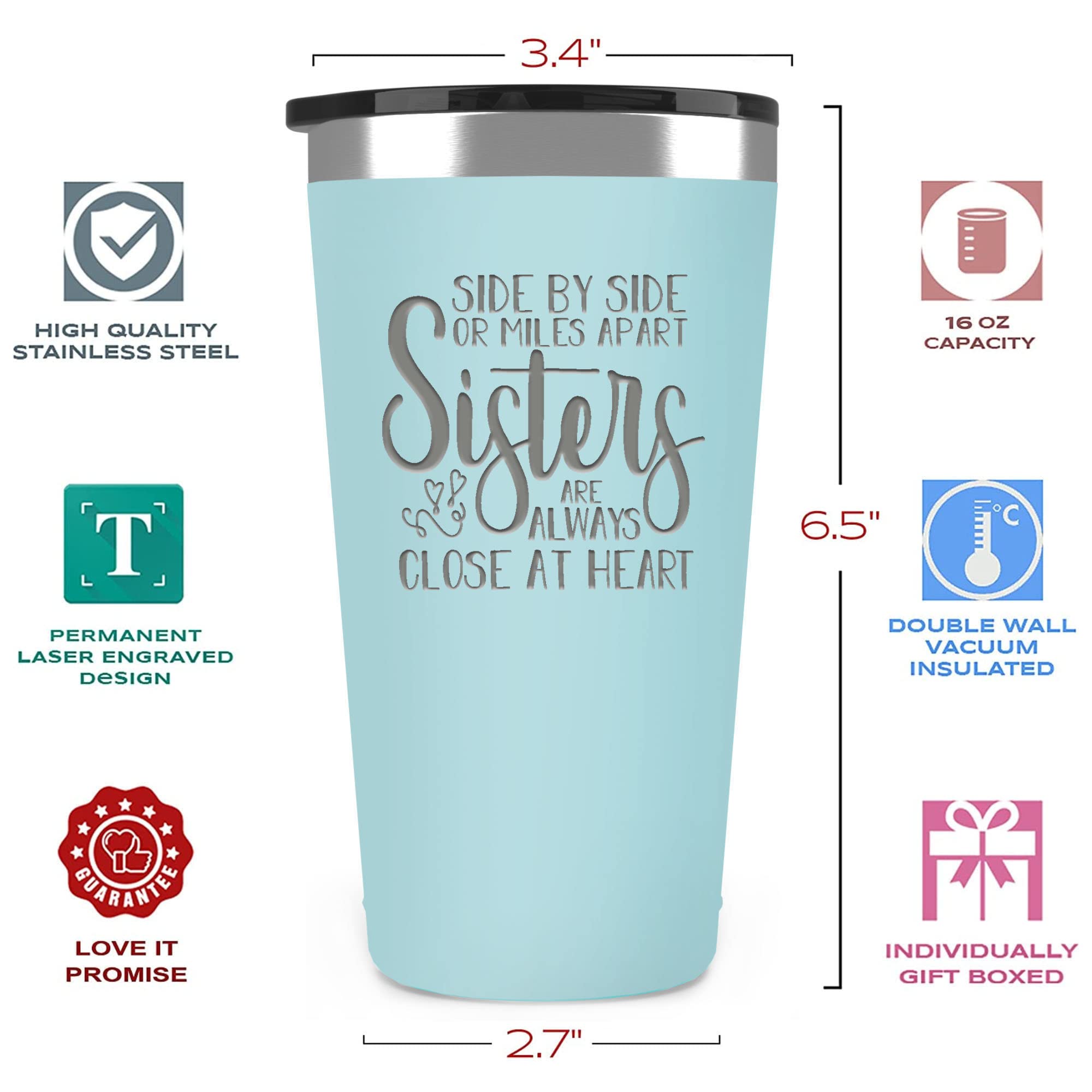 Sister Gifts From Sisters - Sisters Are Always Close at Heart - Unique Gifts for Best Friend Woman - Little Sister Gifts Ideas - Sister Birthday Gifts from Sister - Tumblers For Women 16 oz Seaside