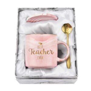 Maustic Teacher Coffee Mug for Women Best Teacher Ever Coffee Mug Teacher Appreciation for Teachers Women Teacher Pink 12 Ounce with Box Packing Spoon and Coaster