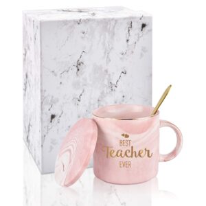 Maustic Teacher Coffee Mug for Women Best Teacher Ever Coffee Mug Teacher Appreciation for Teachers Women Teacher Pink 12 Ounce with Box Packing Spoon and Coaster