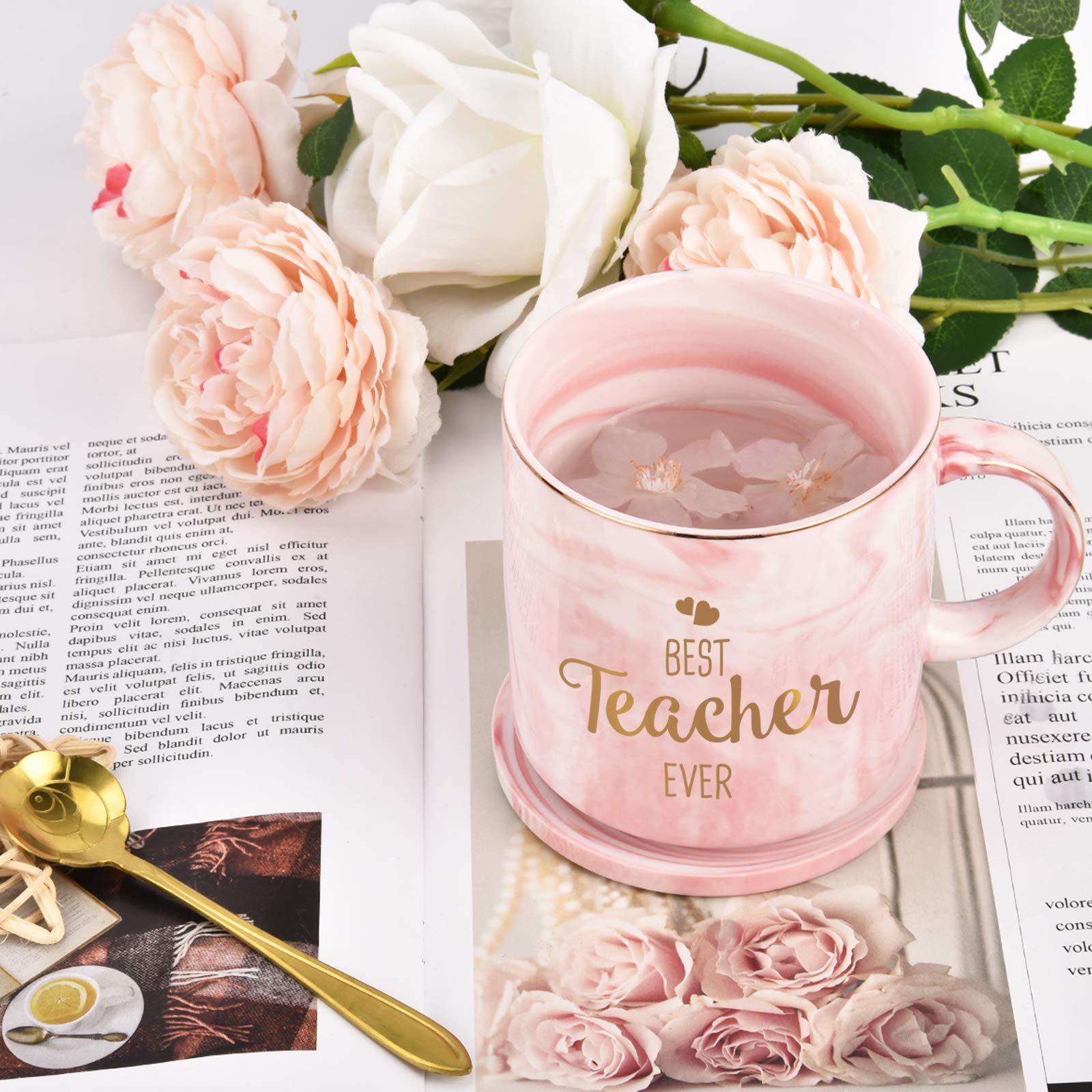 Maustic Teacher Coffee Mug for Women Best Teacher Ever Coffee Mug Teacher Appreciation for Teachers Women Teacher Pink 12 Ounce with Box Packing Spoon and Coaster