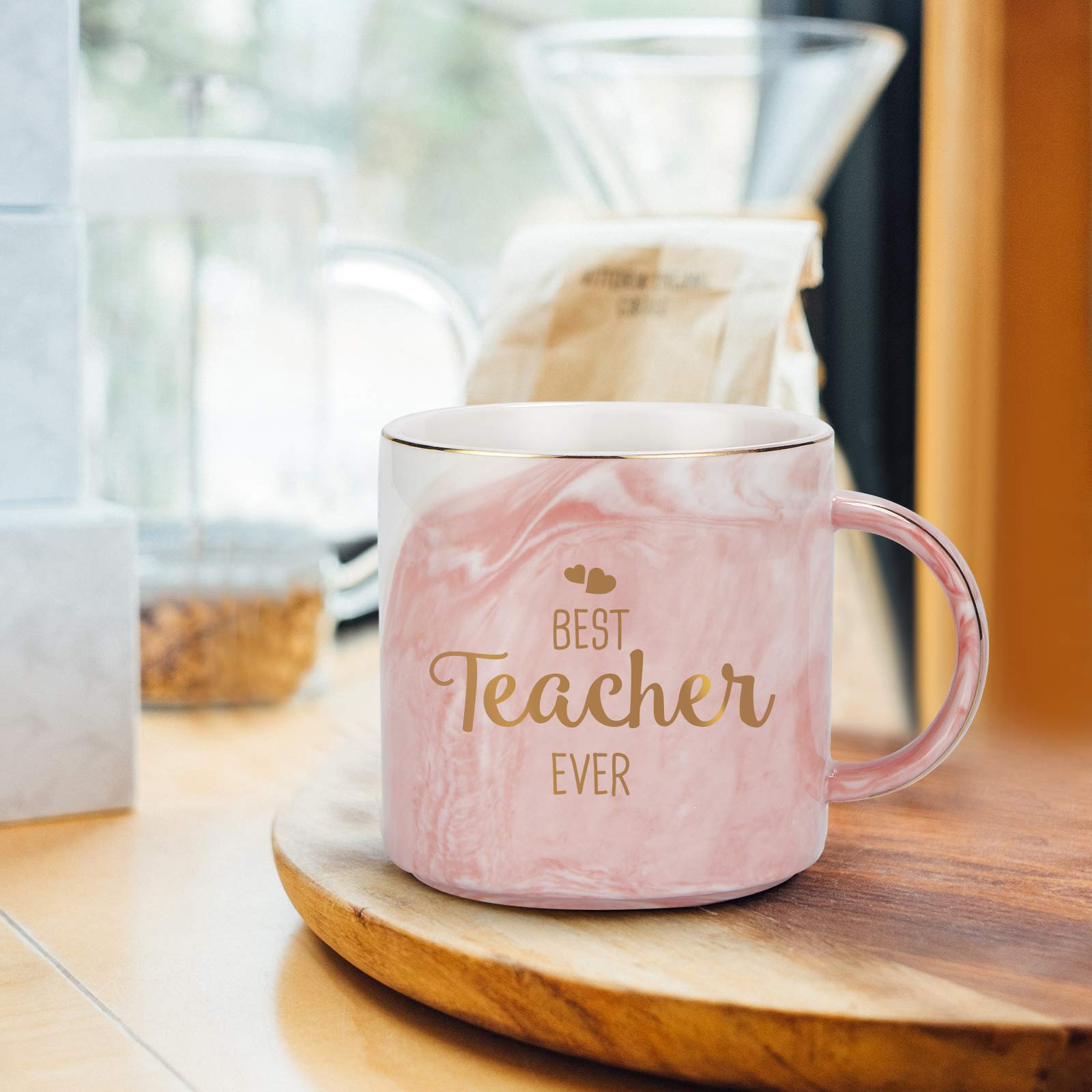 Maustic Teacher Coffee Mug for Women Best Teacher Ever Coffee Mug Teacher Appreciation for Teachers Women Teacher Pink 12 Ounce with Box Packing Spoon and Coaster