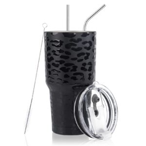 artlion 30 oz tumbler insulated tumbler with straw metal tumblers cup with straws and lid for cold hot drinks (black leopard)