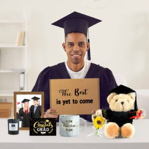 Graduation Gift Box for Firend 2024 Graduation Gifts Basket Includes for He Photo Frames Grey Marble Coffee Mug Cute Bear Greeting Card Scented Candle Flower Graduation Gift Set for Girlfriend Sister