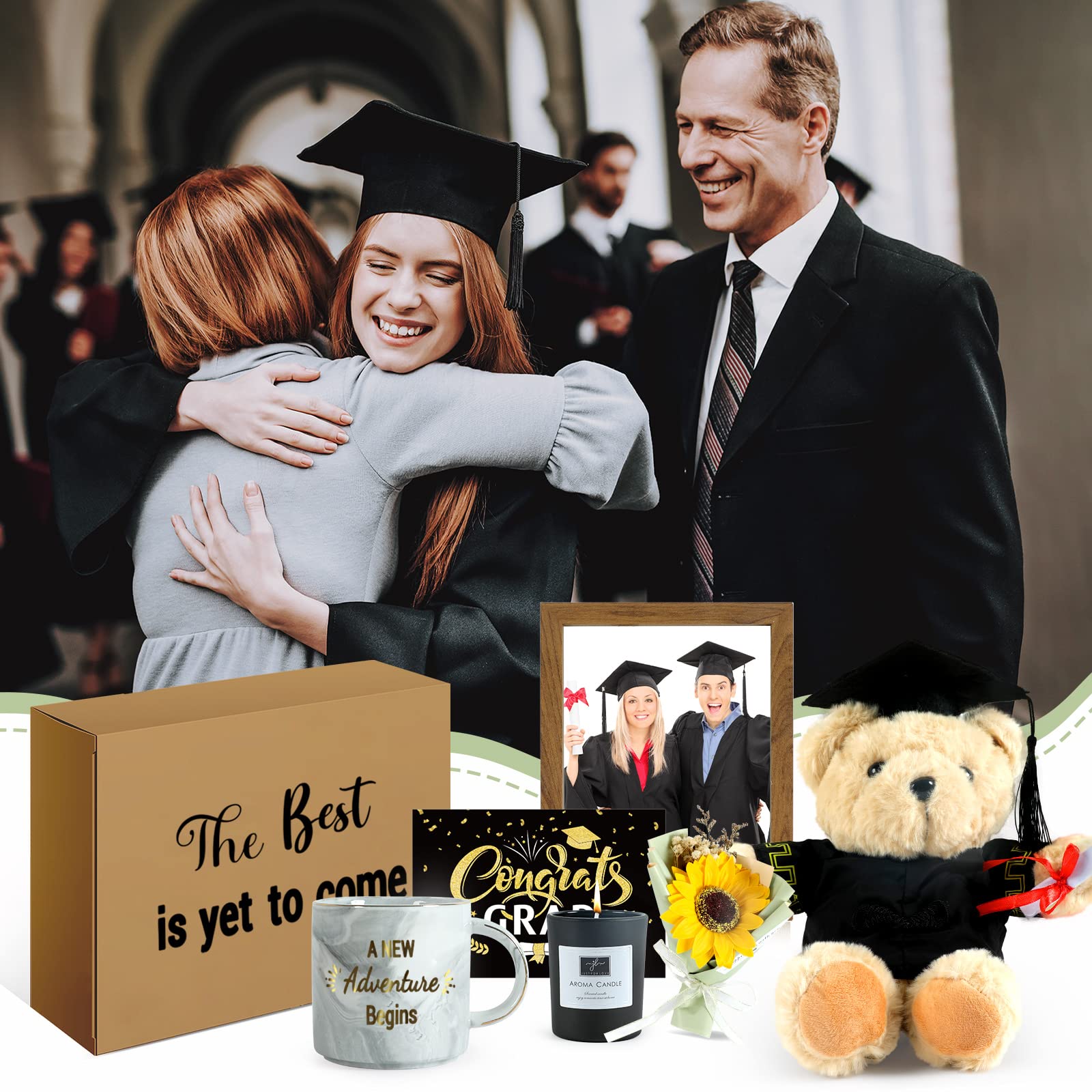 Graduation Gift Box for Firend 2024 Graduation Gifts Basket Includes for He Photo Frames Grey Marble Coffee Mug Cute Bear Greeting Card Scented Candle Flower Graduation Gift Set for Girlfriend Sister