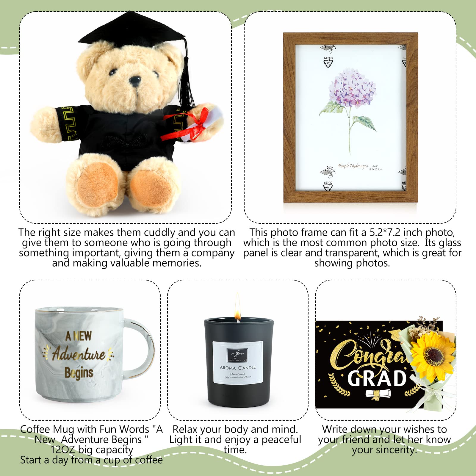 Graduation Gift Box for Firend 2024 Graduation Gifts Basket Includes for He Photo Frames Grey Marble Coffee Mug Cute Bear Greeting Card Scented Candle Flower Graduation Gift Set for Girlfriend Sister