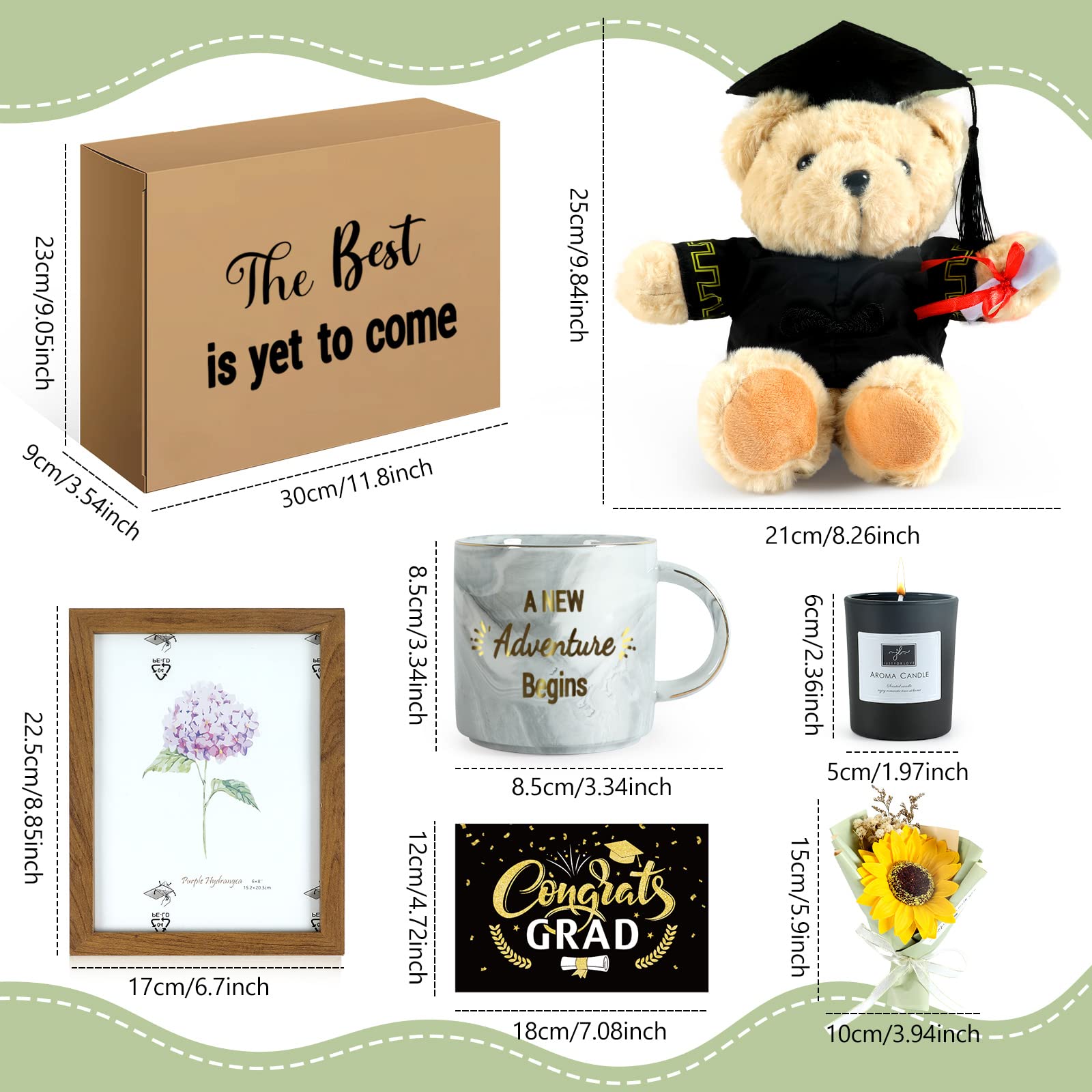 Graduation Gift Box for Firend 2024 Graduation Gifts Basket Includes for He Photo Frames Grey Marble Coffee Mug Cute Bear Greeting Card Scented Candle Flower Graduation Gift Set for Girlfriend Sister