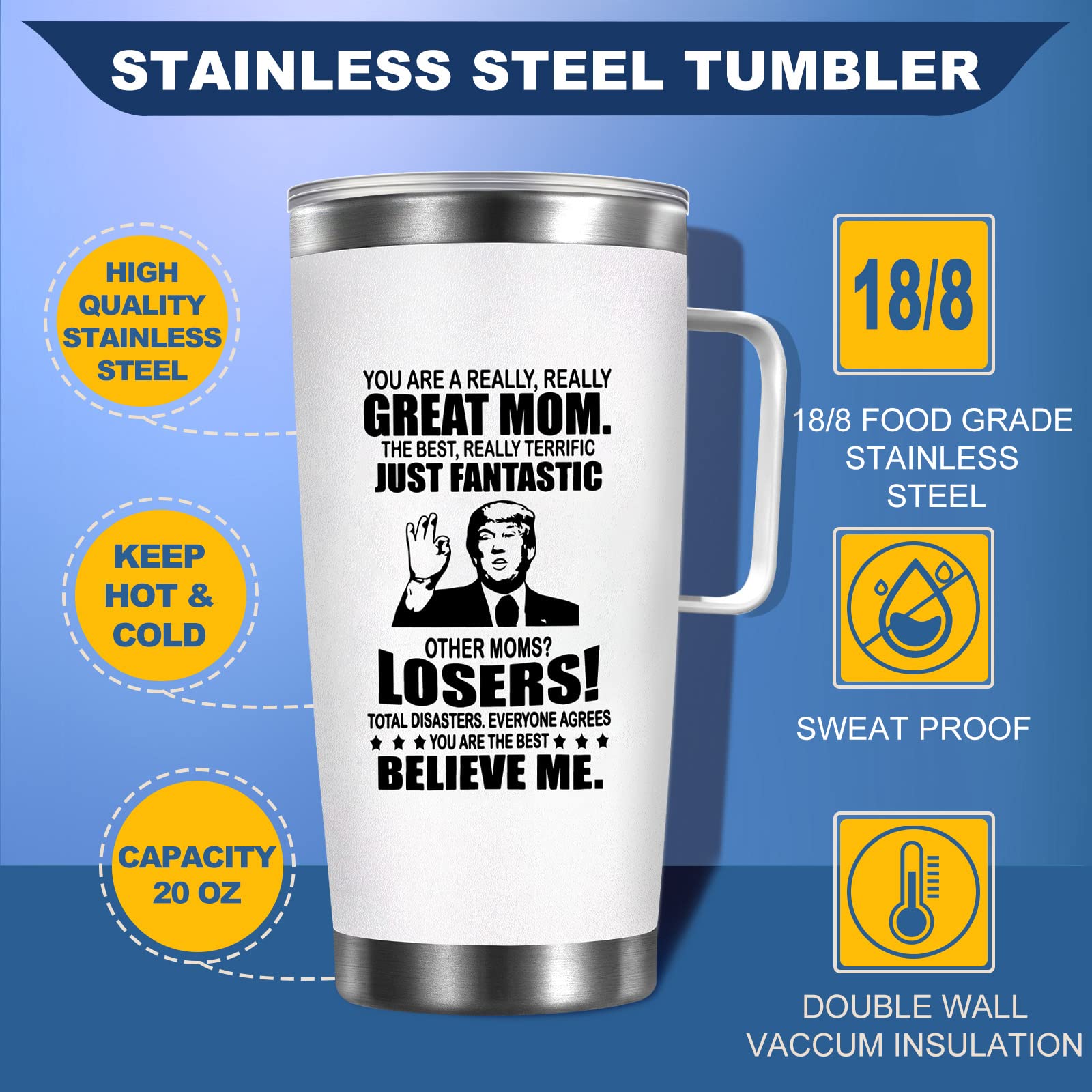 Petitian Mothers Day Gifts for Mom, Great Mother Gifts Stainless Steel 20 OZ Tumbler with Handle & Lid, Best Mom Ever Gifts from Daughter Son, Birthday Christmas Gifts Idea for Mom Coffee Tumbler Mug