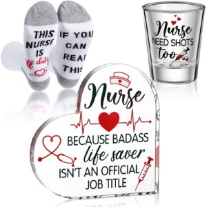 treela 3 pcs christmas nurse appreciation gift set include nurse acrylic plaque nurse week shot glass and nurse gifts socks for women men school nurse week birthday graduation retirement gifts