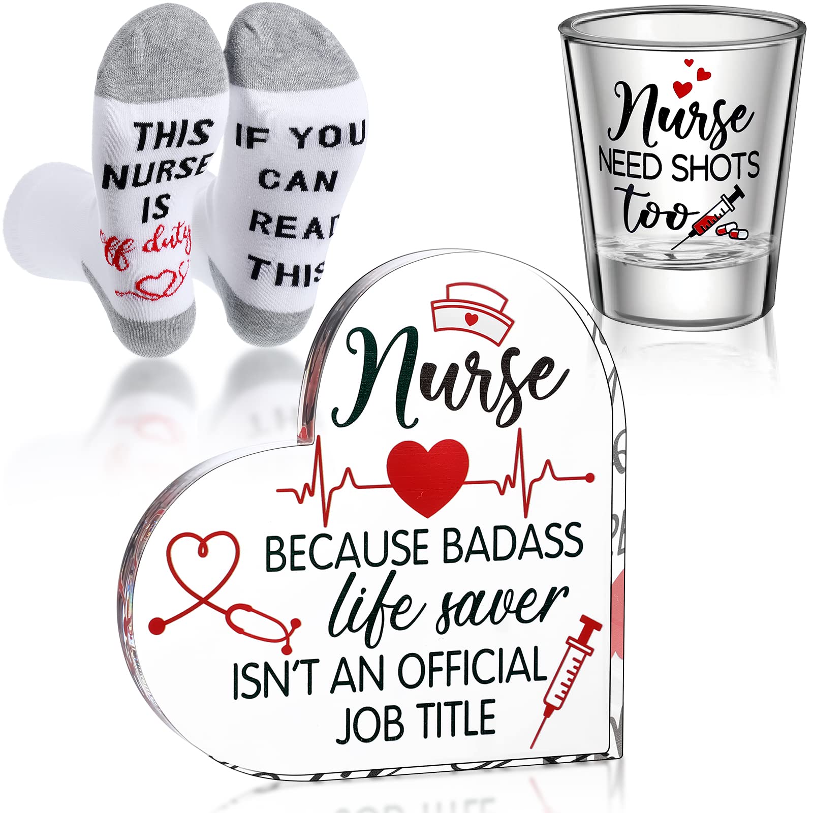 Treela 3 Pcs Christmas Nurse Appreciation Gift Set Include Nurse Acrylic Plaque Nurse Week Shot Glass and Nurse Gifts Socks for Women Men School Nurse Week Birthday Graduation Retirement Gifts