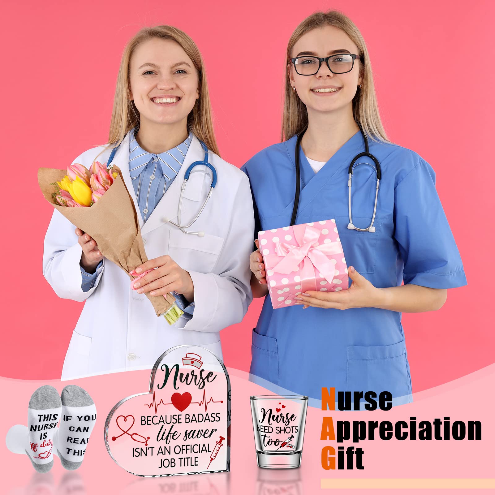 Treela 3 Pcs Christmas Nurse Appreciation Gift Set Include Nurse Acrylic Plaque Nurse Week Shot Glass and Nurse Gifts Socks for Women Men School Nurse Week Birthday Graduation Retirement Gifts