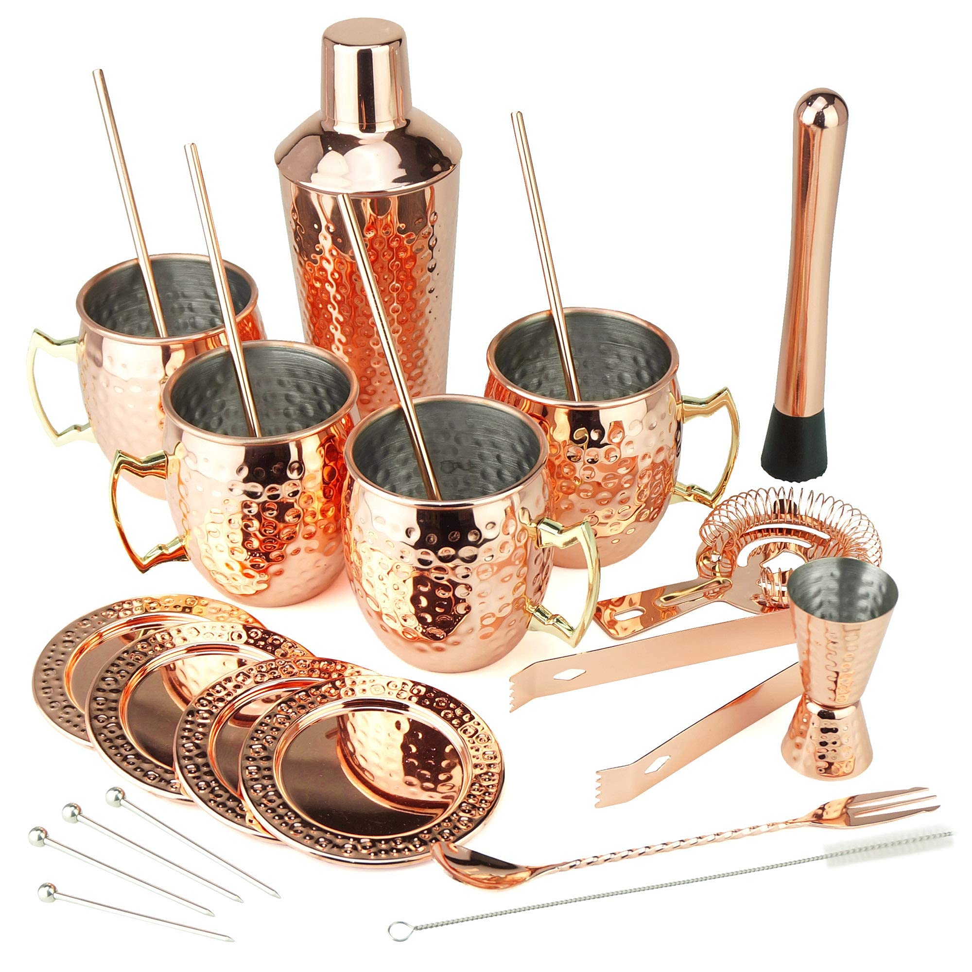 PG [Gift Set] Ultimate Moscow Mule SS Copper Plated Set 25PC | 3pc Cocktail Shaker, 4x Mugs, 4x Straws, 4x Cocktail Picks, Straw Cleaner, 4x Coaster, Strainer, Tongs, Muddler, Jigger, Stirrer